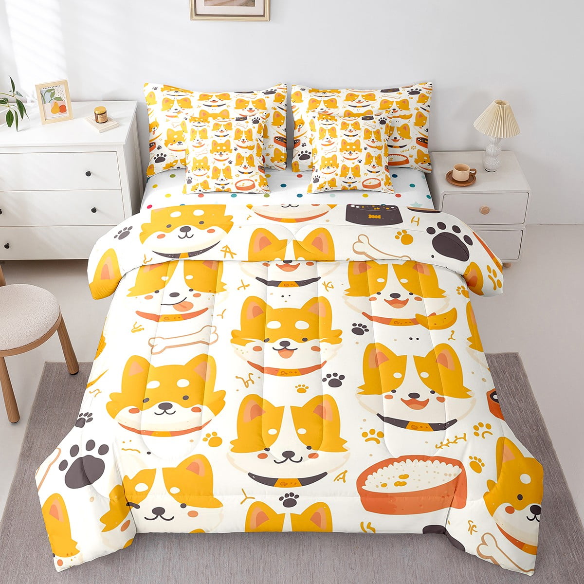 Cartoon Corgi Twin 7 Pieces Bedding Set Yellow Dog Themed Comforter Set ...