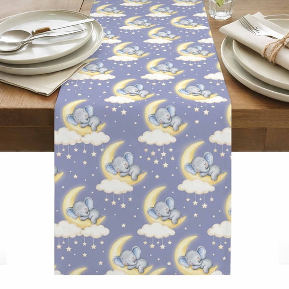 Cartoon Cotton Linen Table Runner Dreamy Purple Cute Sleeping Elephant ...