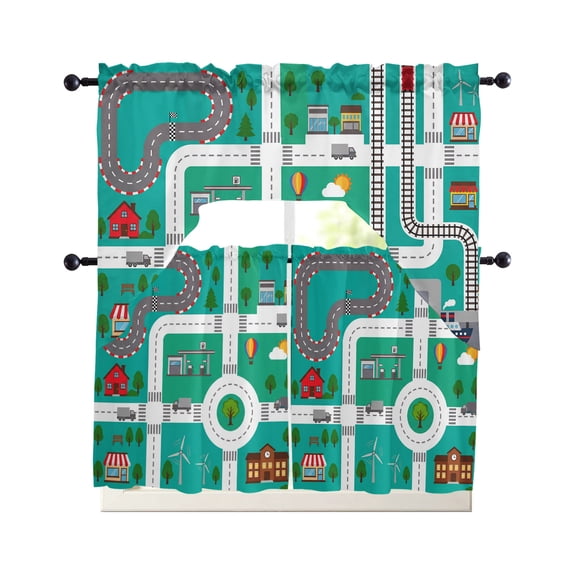 Cartoon Country Kitchen Curtains Set for Windows 3 Piece Cafe Curtains ...