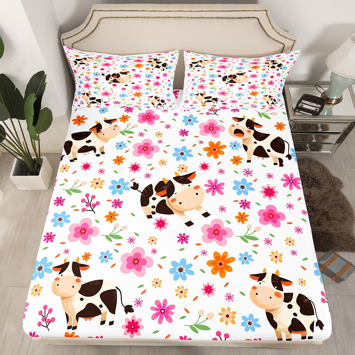Cartoon Cow Bed Sheets Chic Floral Fitted Sheet Full Size, Kawaii ...
