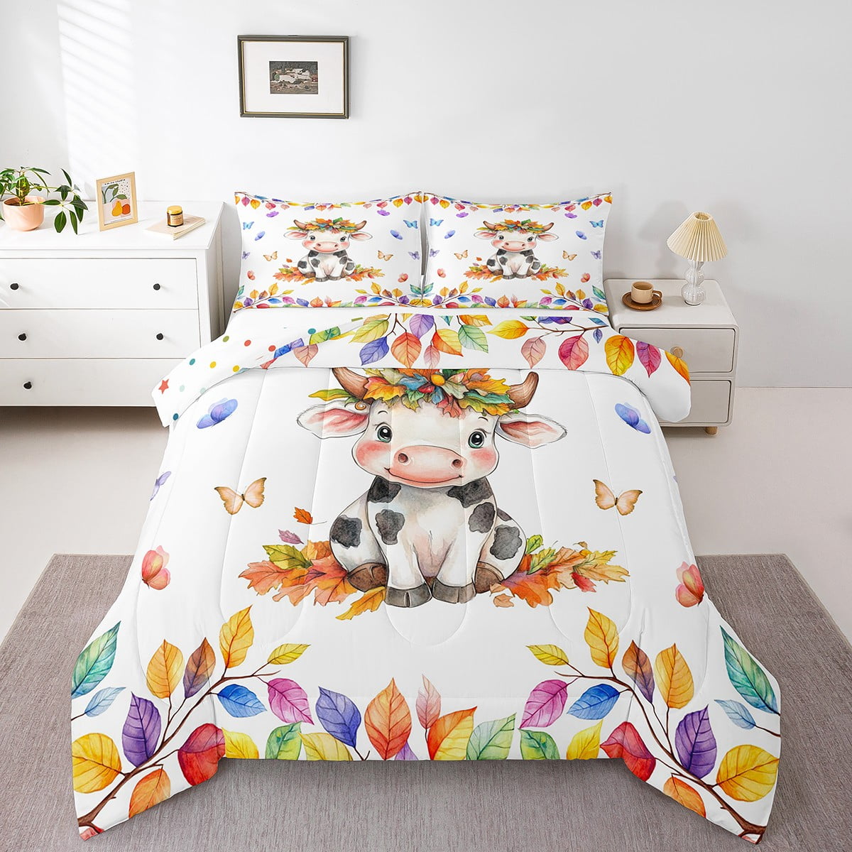 Cartoon Cow Full Comforter Set Cute Animal Bedding Set, Kawaii Polka ...