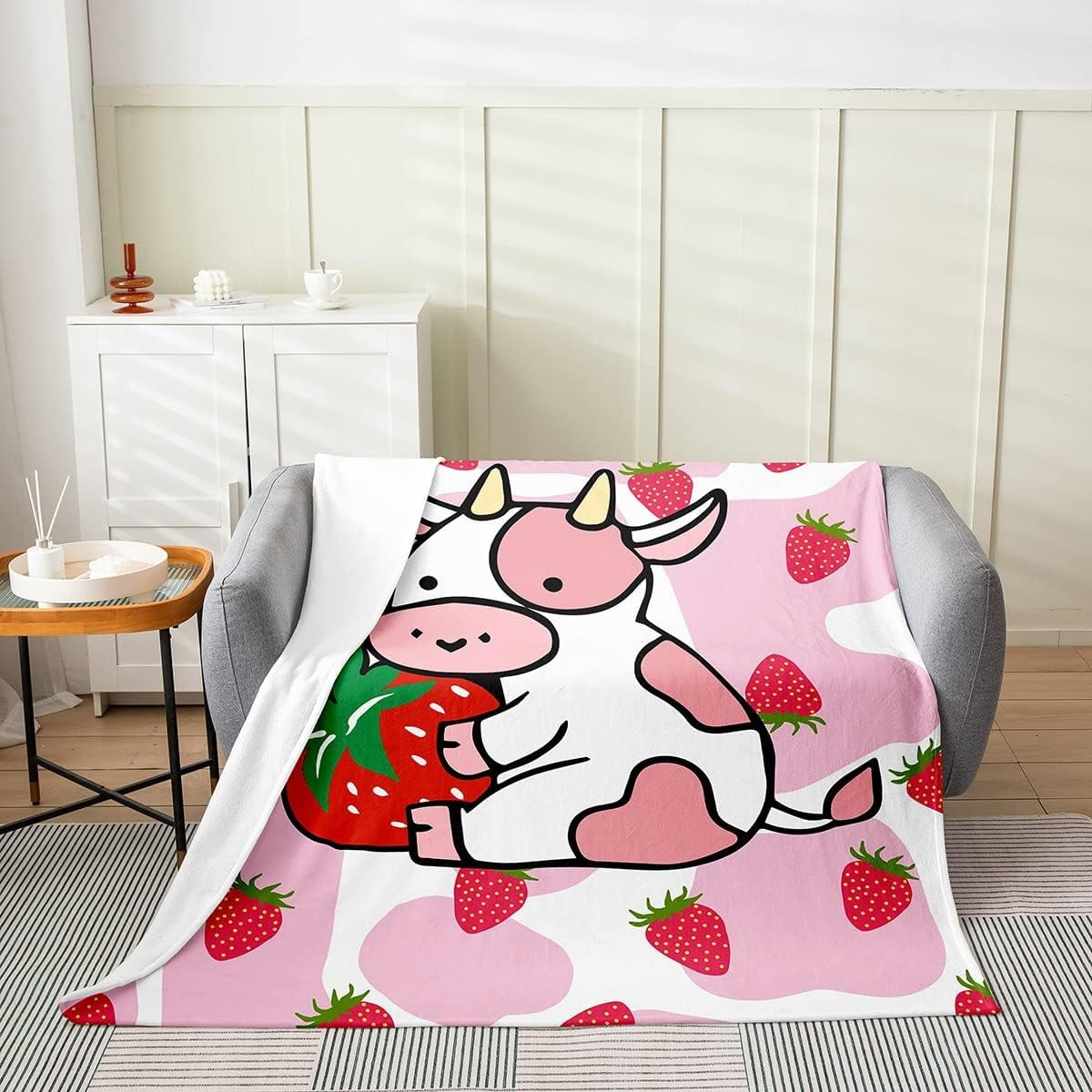 Cartoon Cow Pattern Fleece Throw Blanket Kids,Pink Strawberry Cow Fuzzy ...