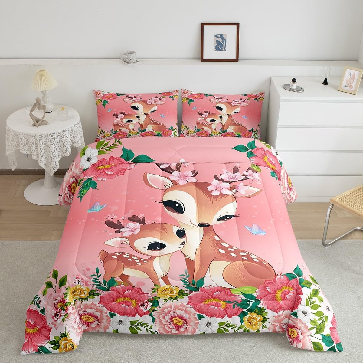 Cartoon Cow Print Comforter Set Milk Cow Floral Pink Bedding Set for ...