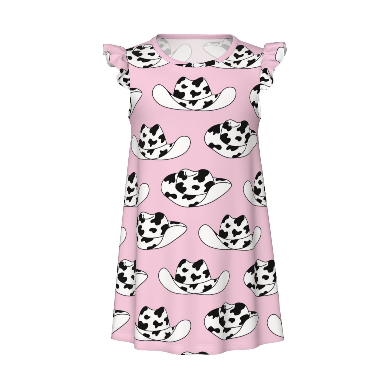 Cartoon Cow Print Cowboy Hat Girls Nightgowns, Short Sleeves Princess ...