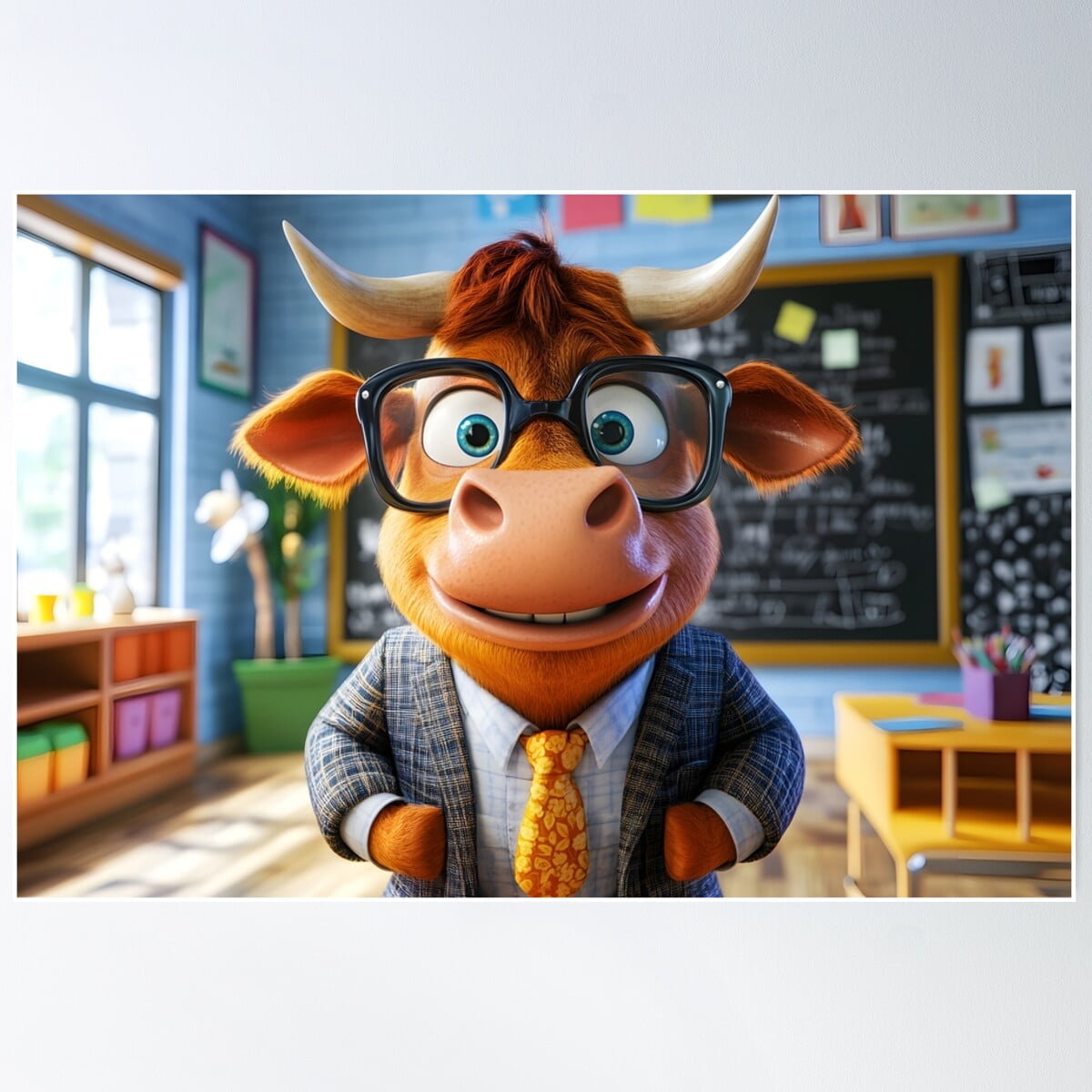 Cartoon Cow Teacher In Classroom With Glasses On Poster Wall Art ...