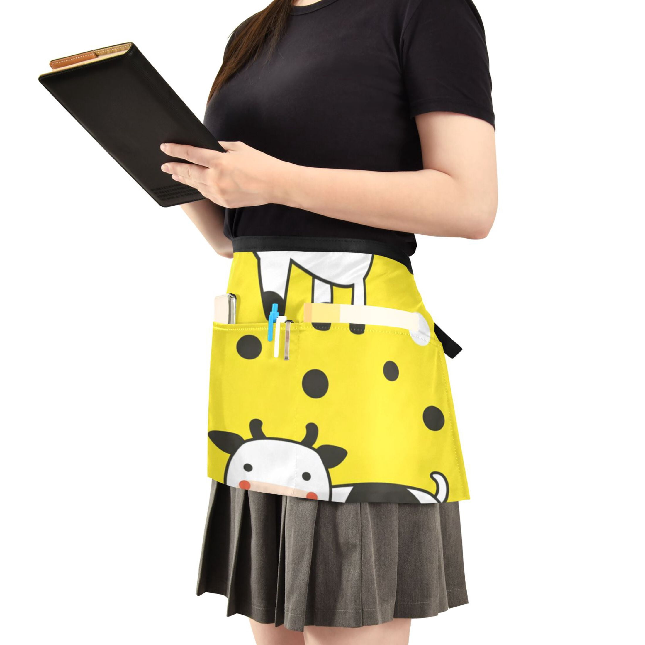 Cartoon Cow on Yellow Server Apron with 3 Pockets Waist Apron for ...