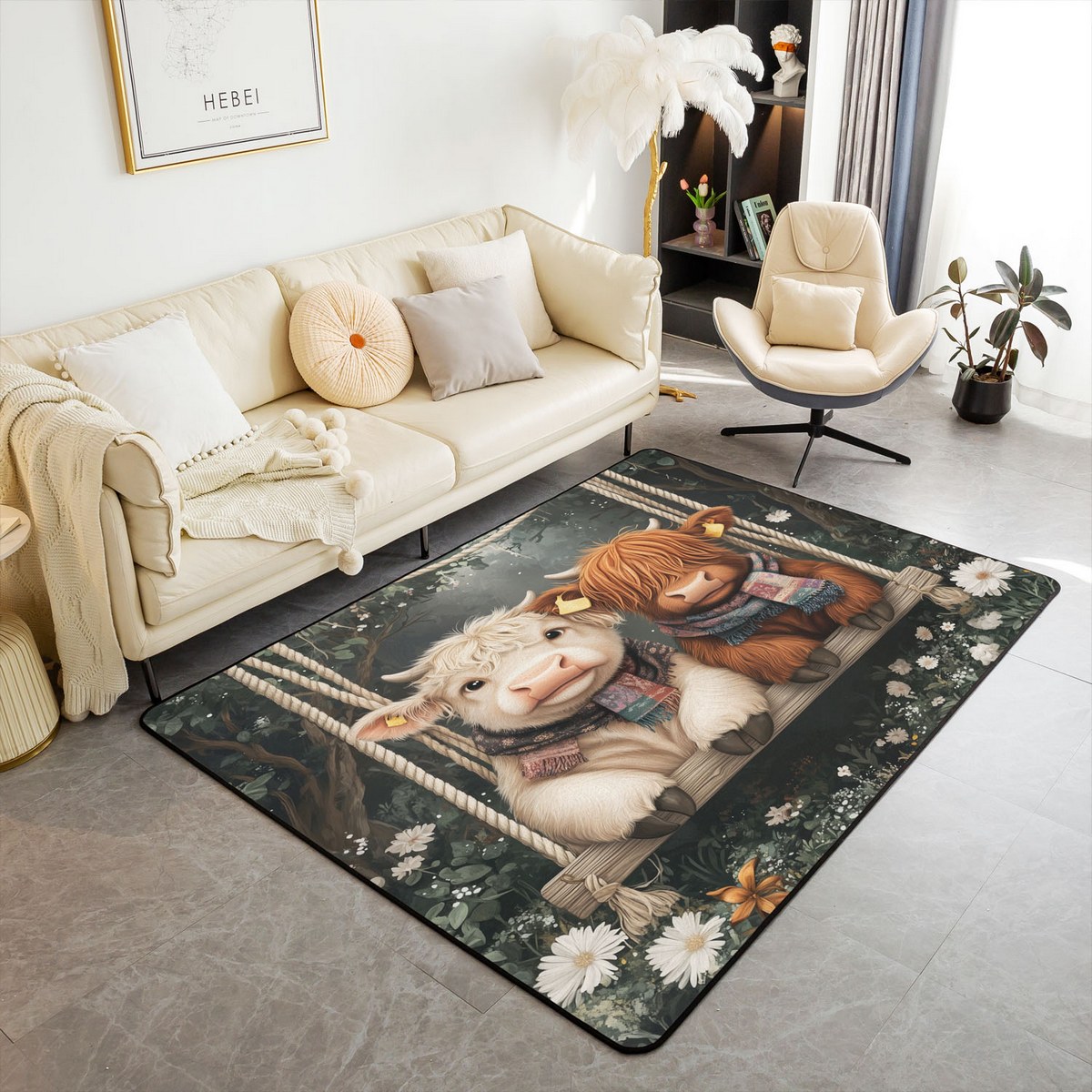 Cartoon Cowboy Area Rug,Highland Cow Bedroom Rug 3x5,Farmhouse Daisy ...