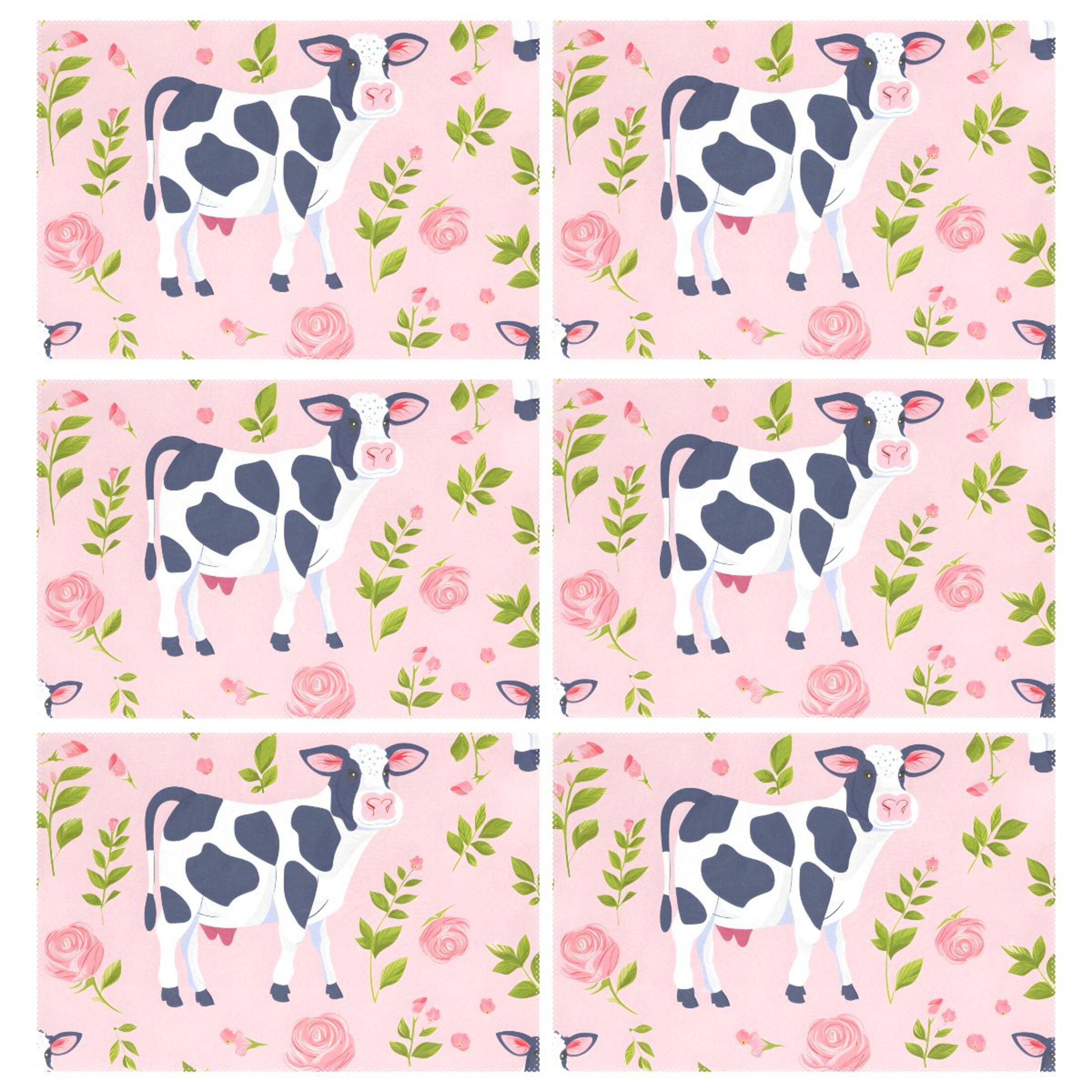 Cartoon Cows Roses Leaves Cute Table Mat Rectangle Placemat 6 Pcs for ...