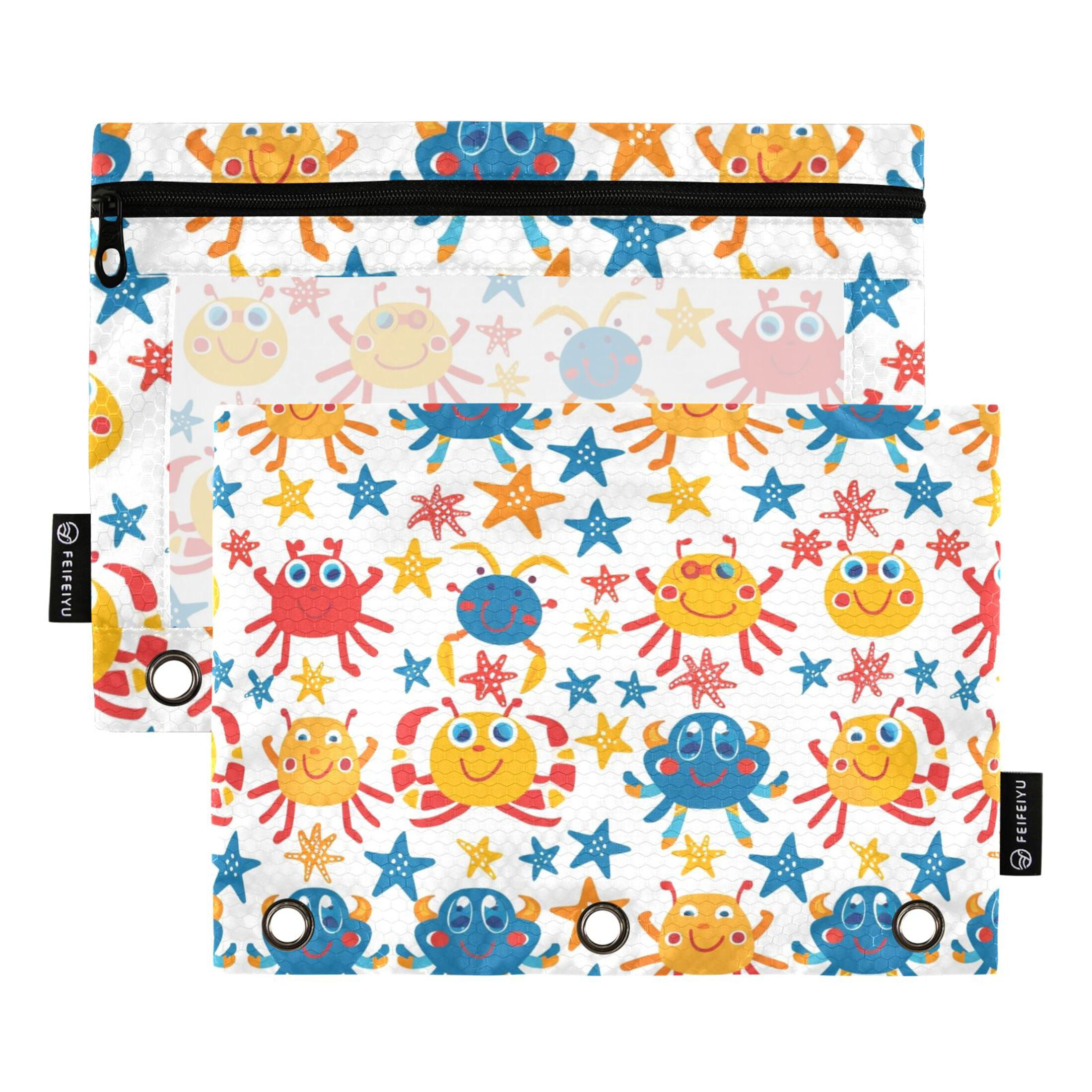 Cartoon Crab and Star 2 Pack Pencil Pouch for 3 Ring Binder Smooth Zipper Folders with Pockets ...