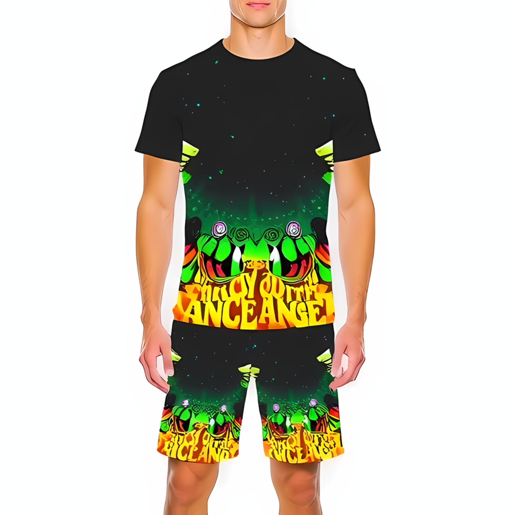 Cartoon Creature Print T-Shirt and Shorts Set - Vibrant Black Ensemble ...