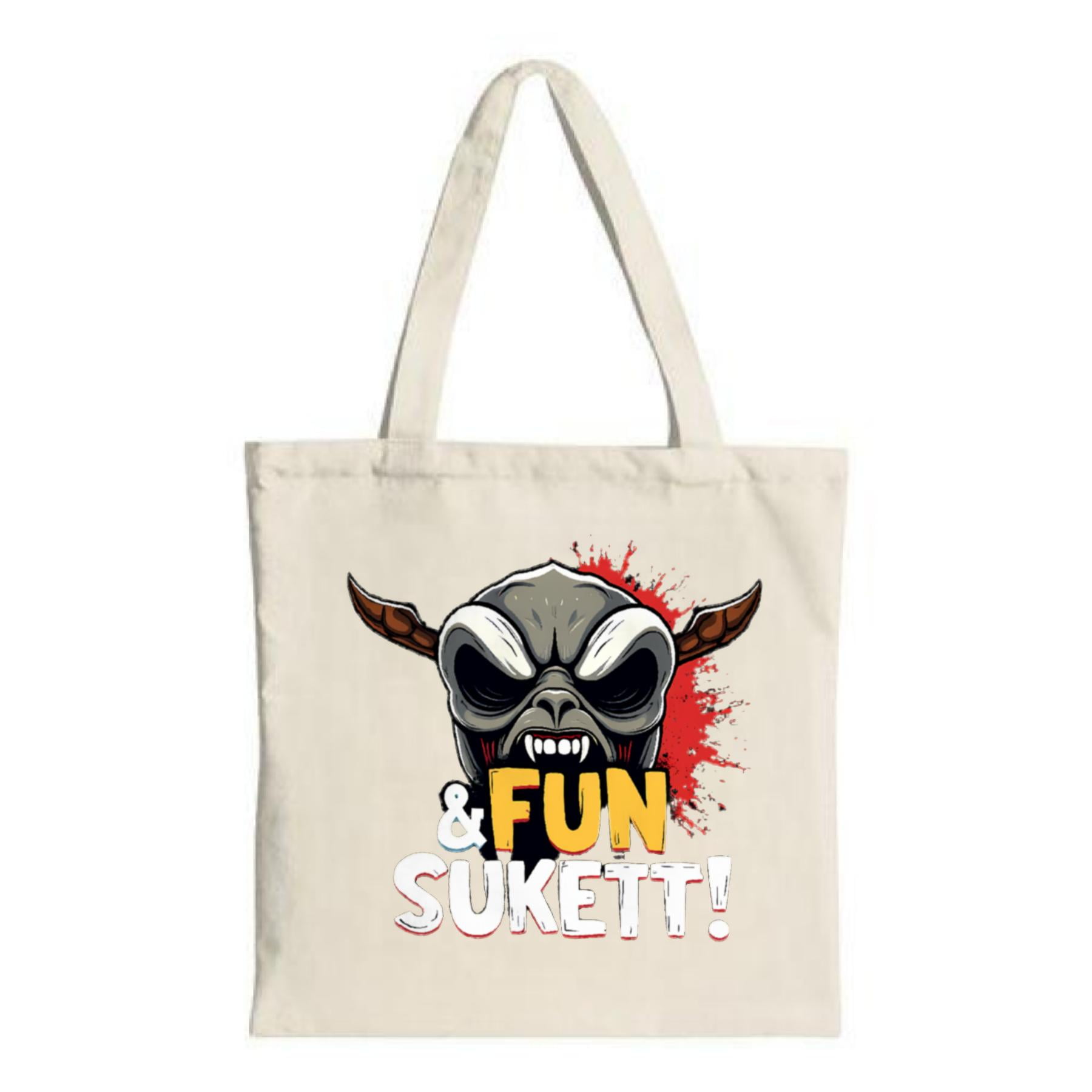 Cartoon Creature Tote Bag - Menacing Eyes Teeth with Red Splash Fun ...