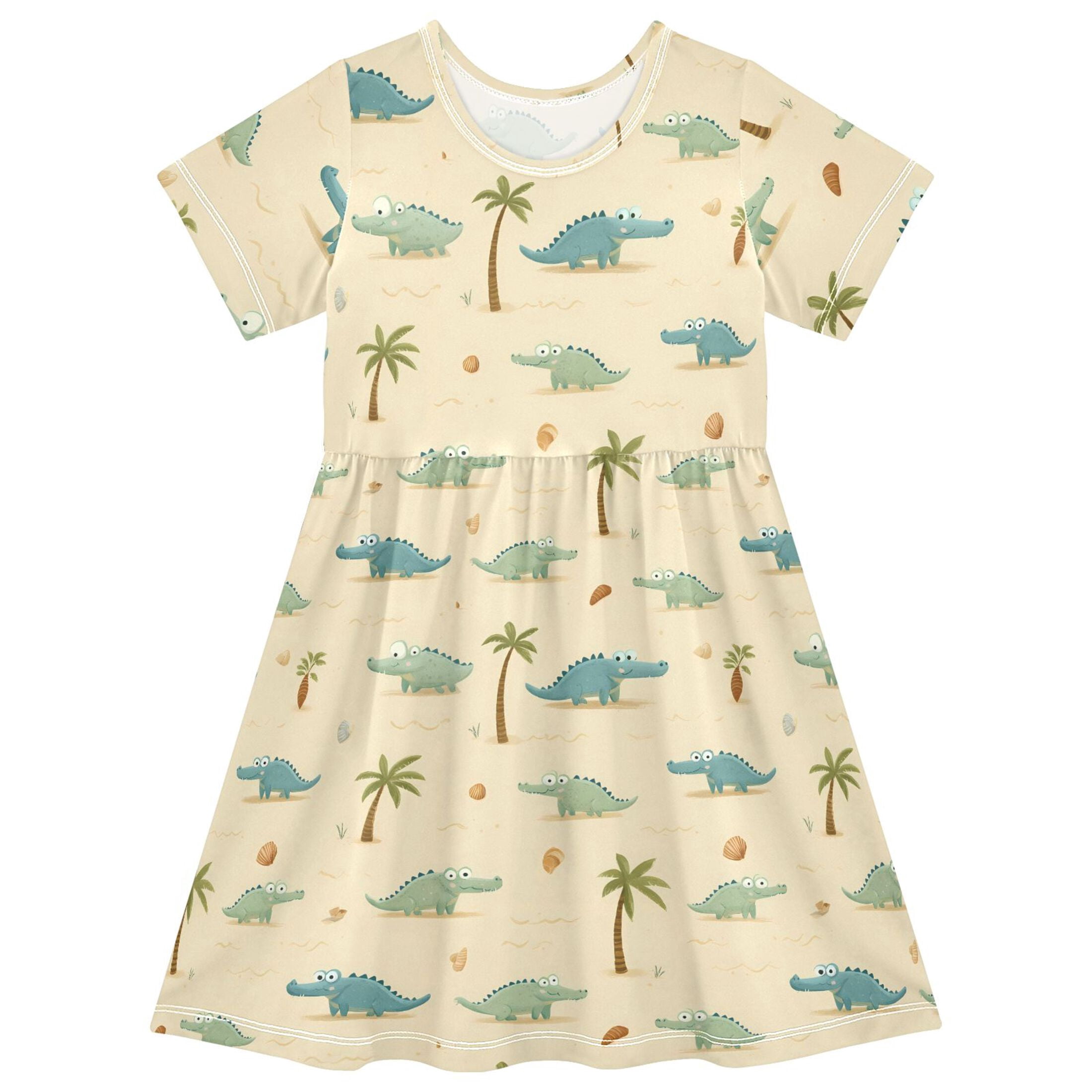 Cartoon Crocodile Palm Tree Short Sleeve Dress A-Line Cute Midi Casual ...