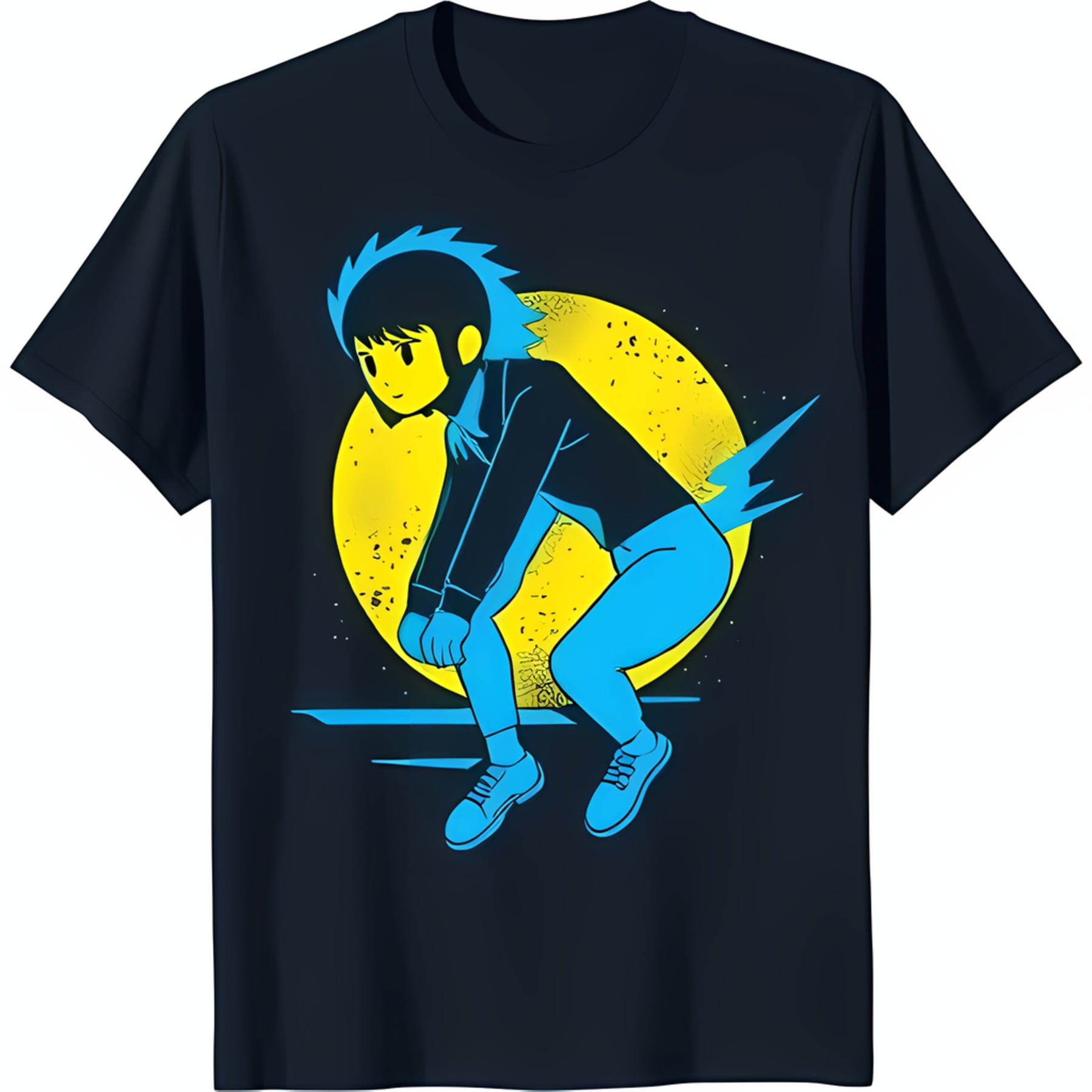Cartoon Crouching Character on Yellow Moon with Black T-Shirt - Walmart.com