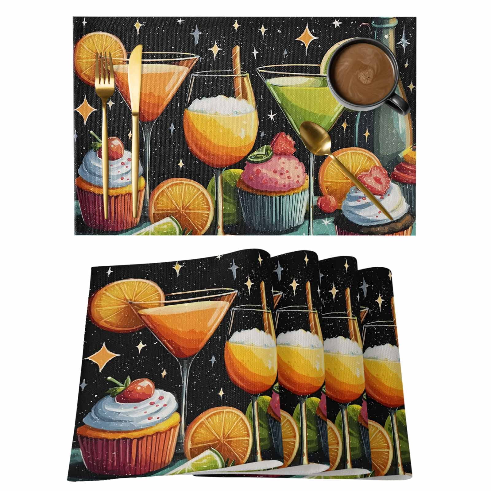 Cartoon Cupcakes Placemats Set of 6 Funny Cute Food Starry Sky Black ...