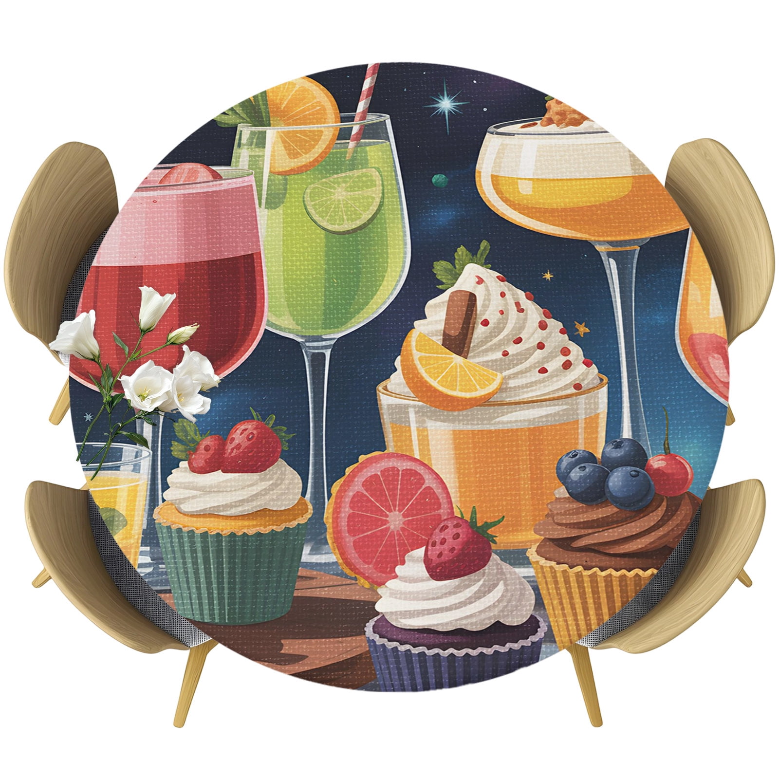 Cartoon Cupcakes Round Tablecloth 55-60 Inch Round Fitted Table Cloth ...