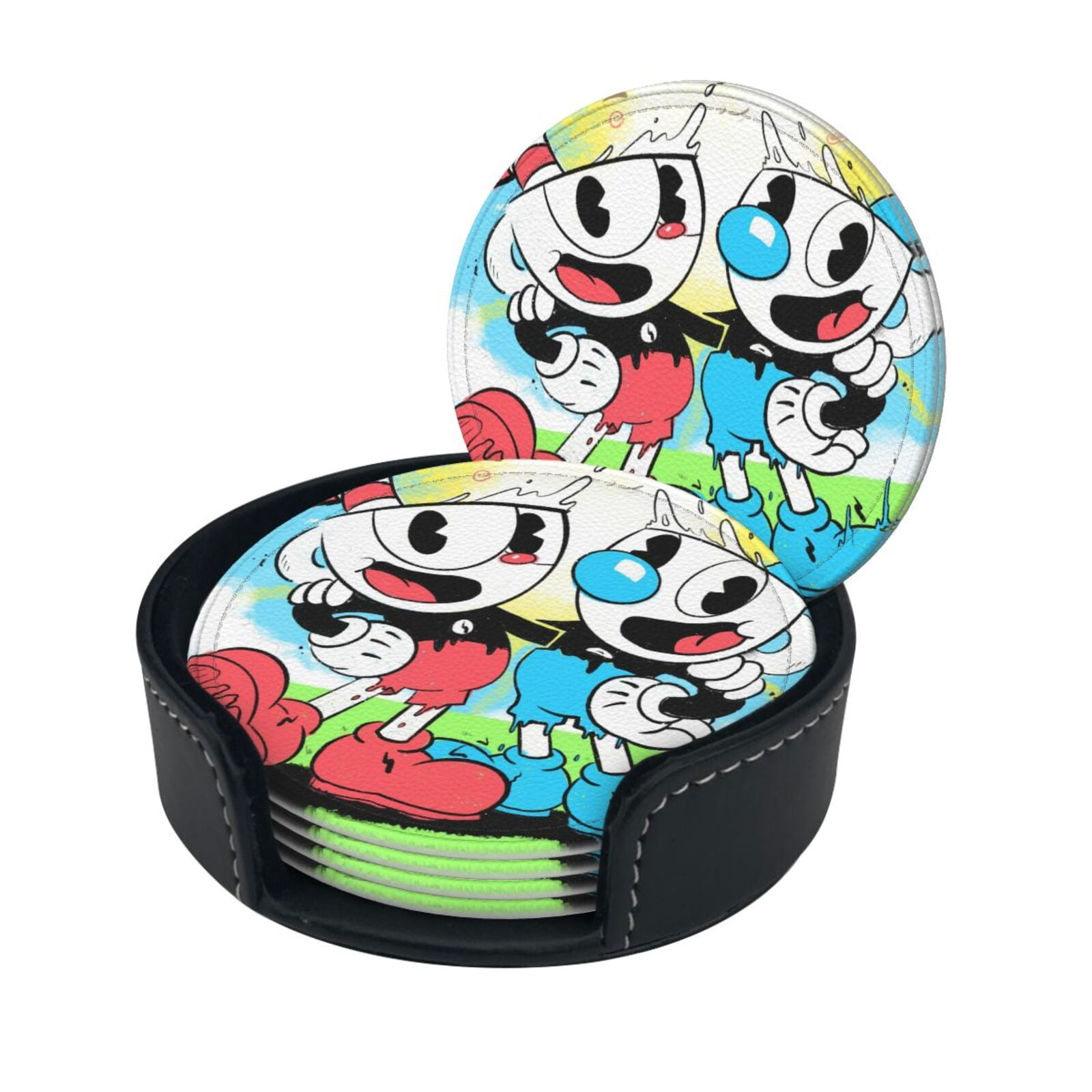 Cartoon Cuphead Round Coaster Set Of 6 Tabletop Protection Mats Leather ...