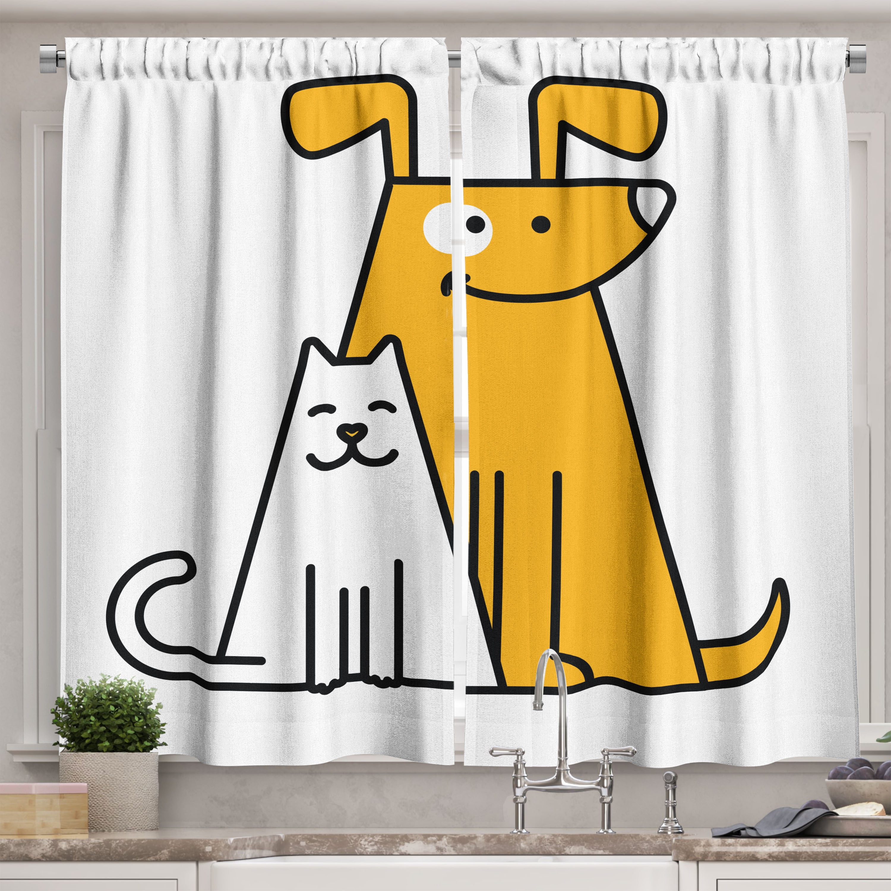 Cartoon Curtains 2 Panels Set, Cats and Dogs Human Best Friends Forever ...