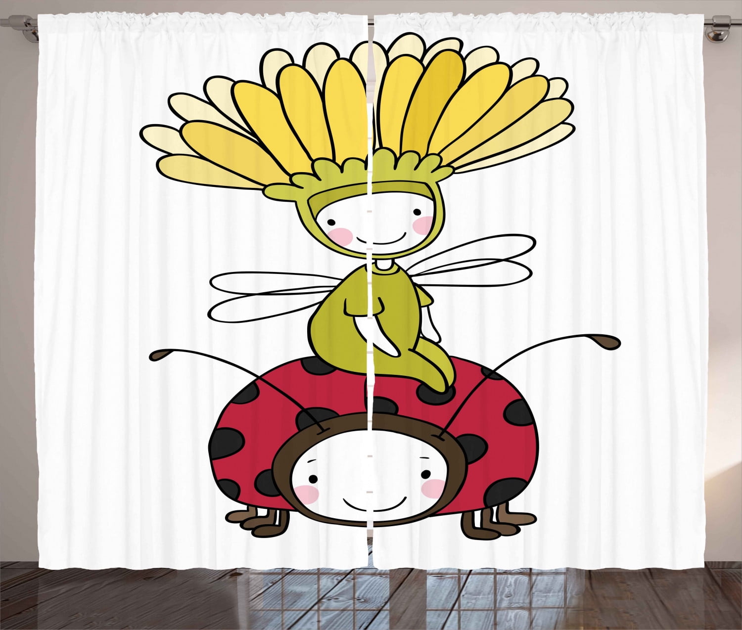 Ambesonne Cartoon Curtains 2 Panel Set, Flower and Ladybug, 108" x 96 ...