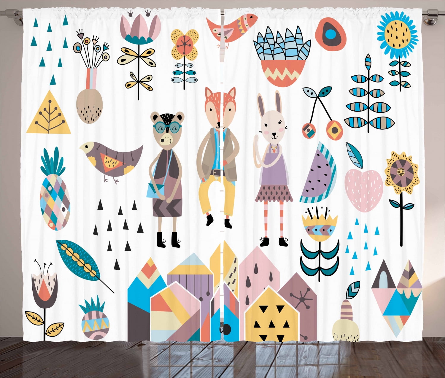 Ambesonne Cartoon Curtains 2 Panel Set, Fox Bunny and Bear, 108" x 63 ...