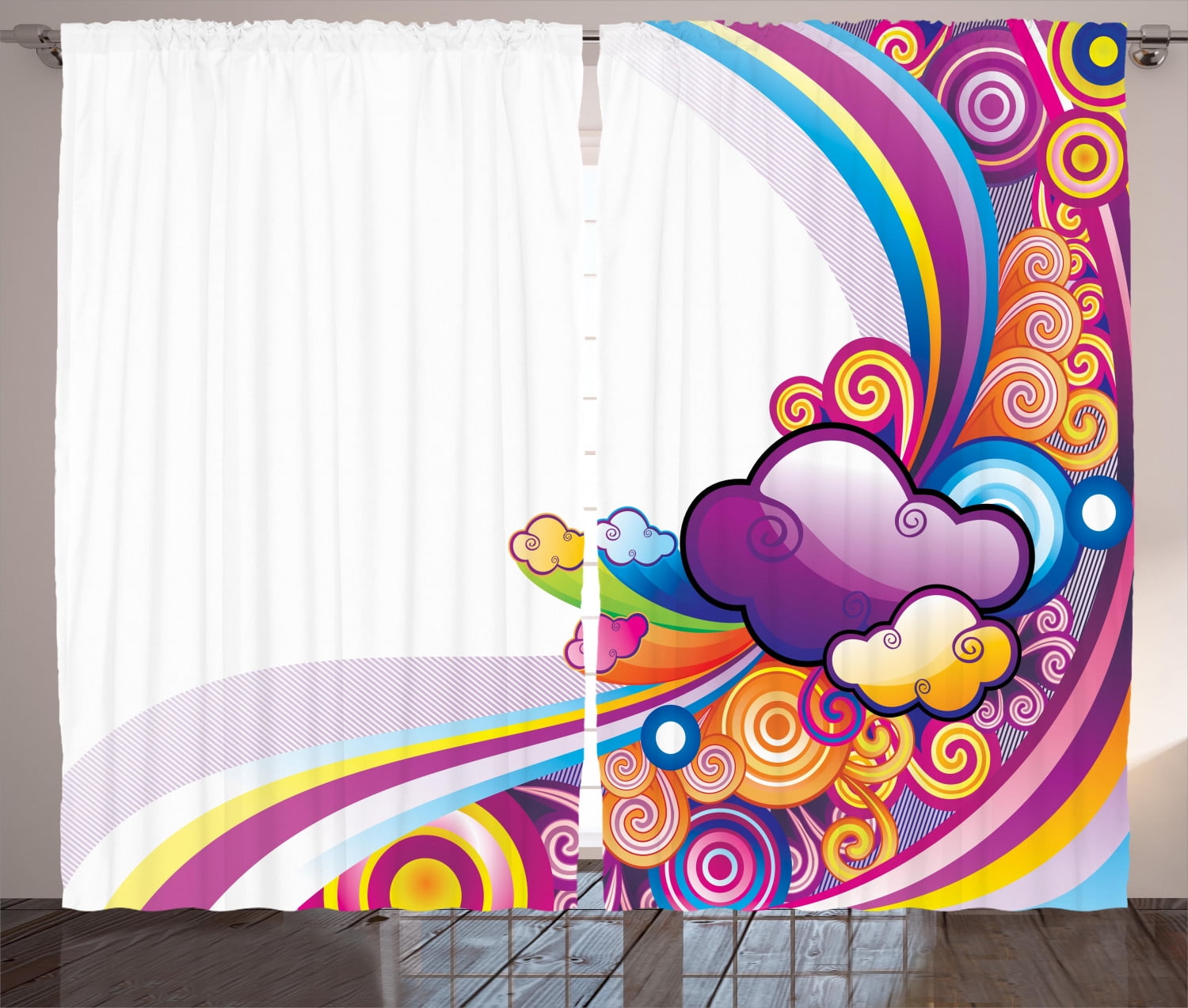 Ambesonne Cartoon Curtains 2 Panel Set, Rainbow Colored Clouds, 108" x ...