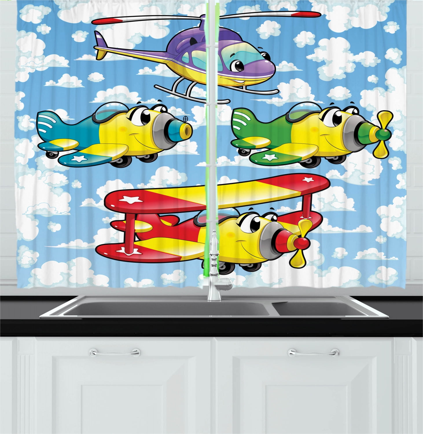 Cartoon Curtains 2 Panels Set, Kids Cute Airplanes and Helicopters with ...