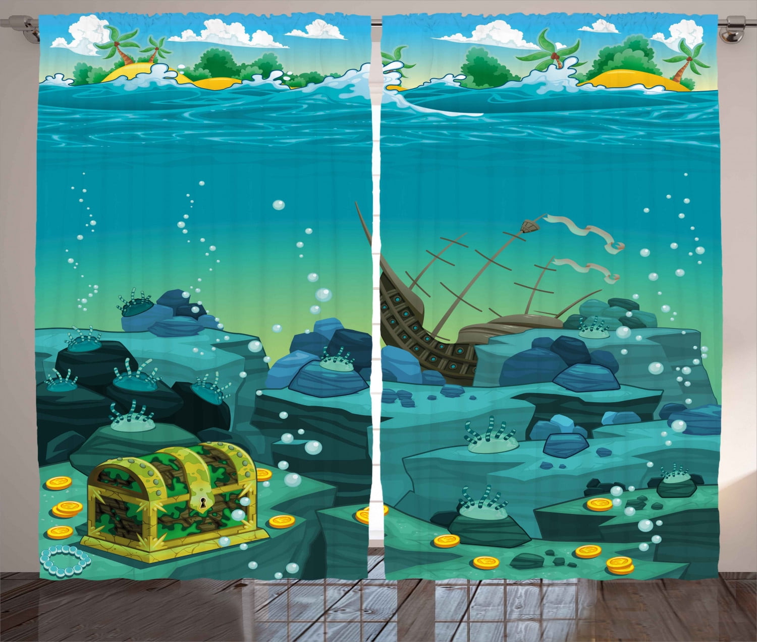 Ambesonne Cartoon Curtains 2 Panel Set, Sunk Ship Pirate, 108" x 96 ...