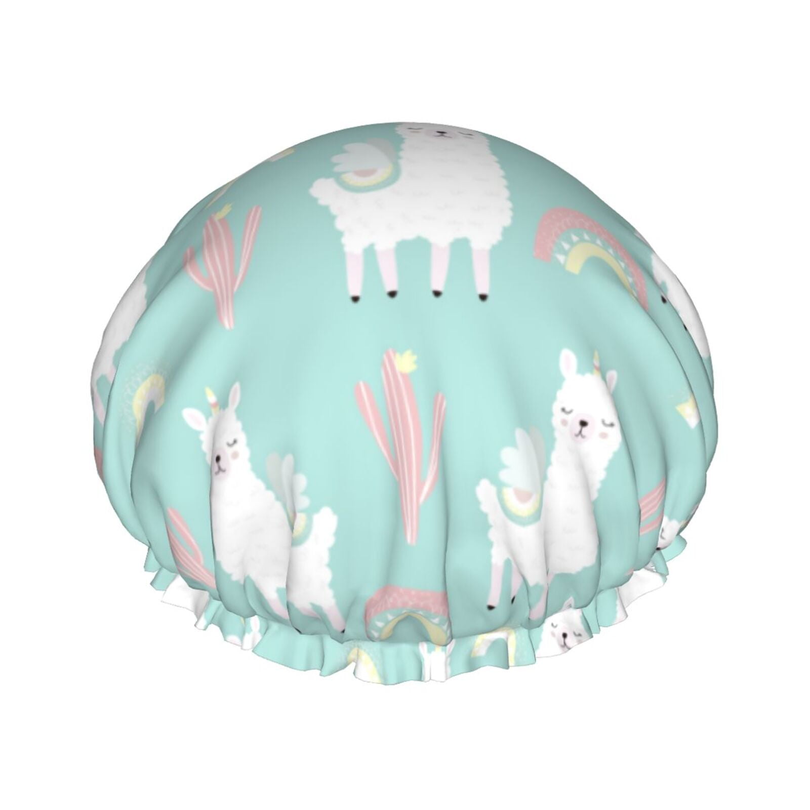 Cartoon Cute Alpaca Rainbow Cactus Shower Cap for Women, Double ...