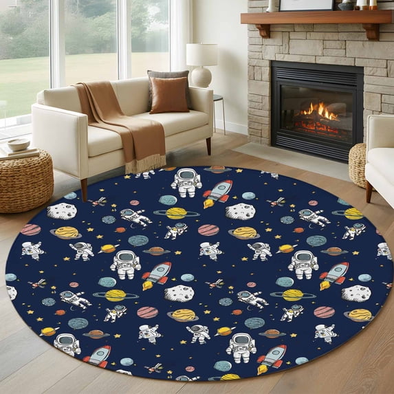 Cartoon Cute Astronauts 6FT Round Area Rugs for Living Room Lovely Blue ...