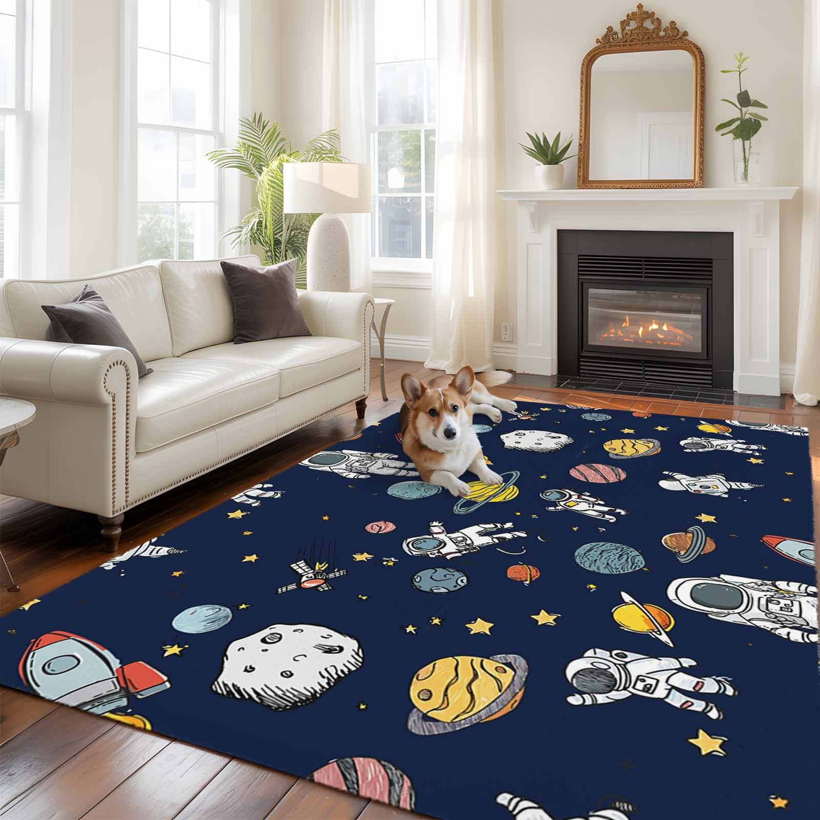 Cartoon Cute Astronauts Washable Area Rug 5x8 Lovely Blue Space ...