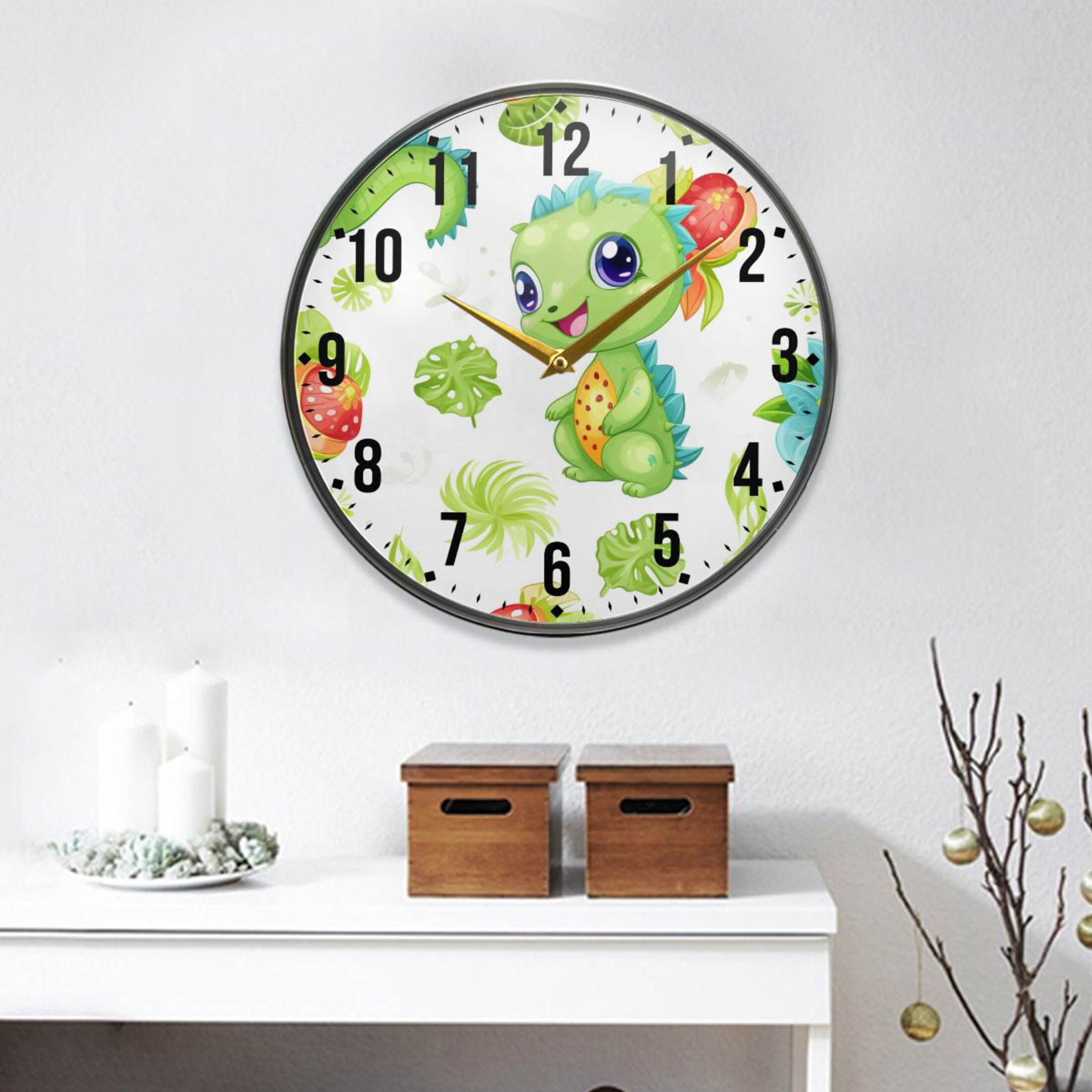 Cartoon Cute Baby Dinosaur Round Wall Clock 12 Inch Non-Ticking Silent ...