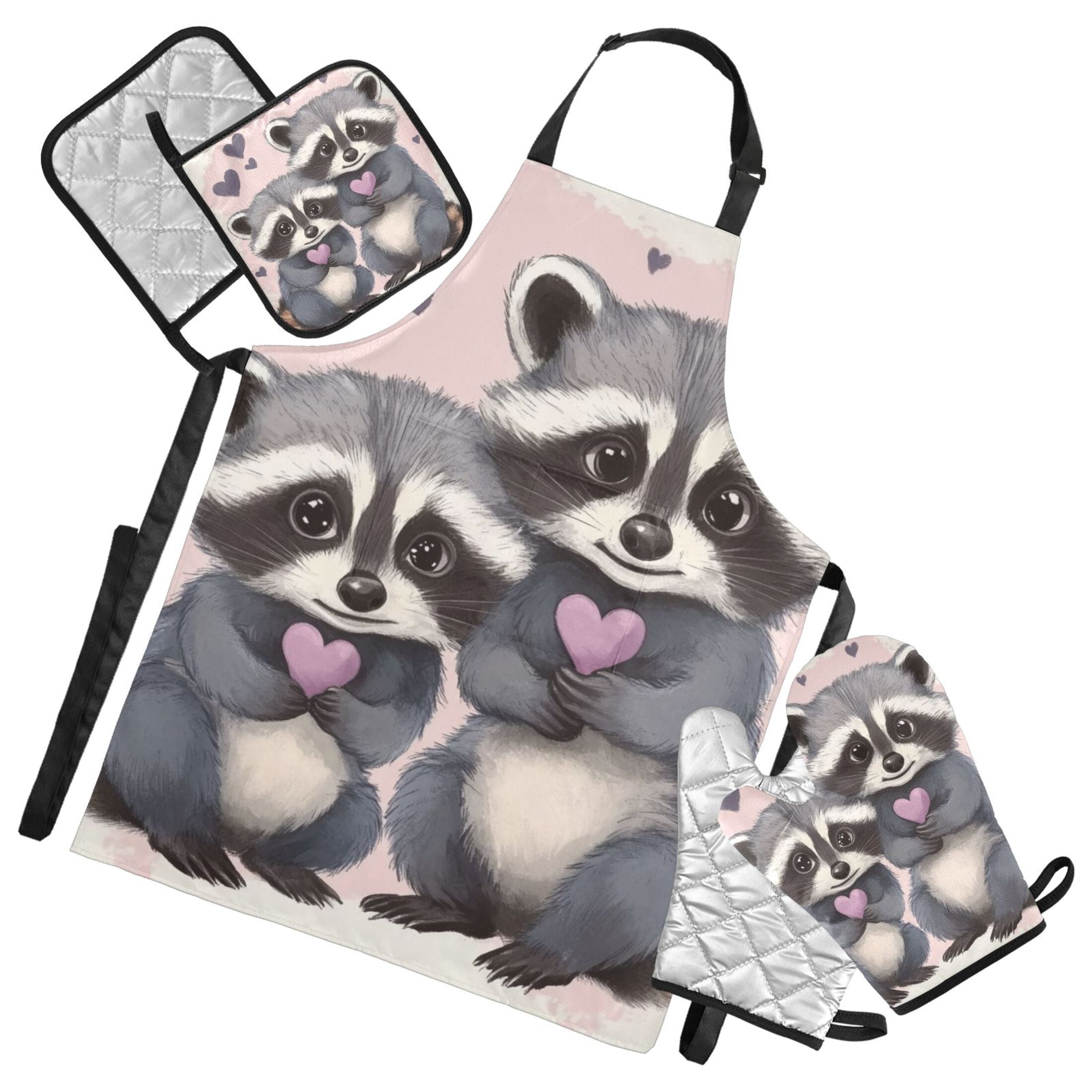 Cartoon Cute Bear Oven Mitts and Pot Holders with Chef Apron Set 5 Pcs ...