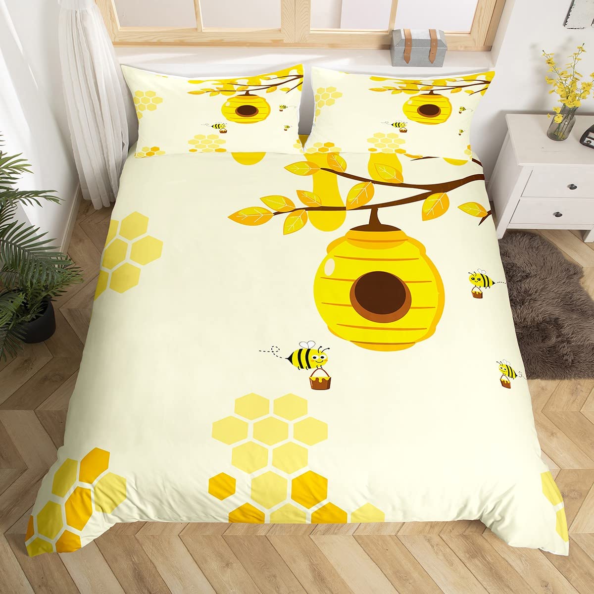 Cartoon Cute Bees Pattern Duvet Cover with Pillowcase King Full Size ...