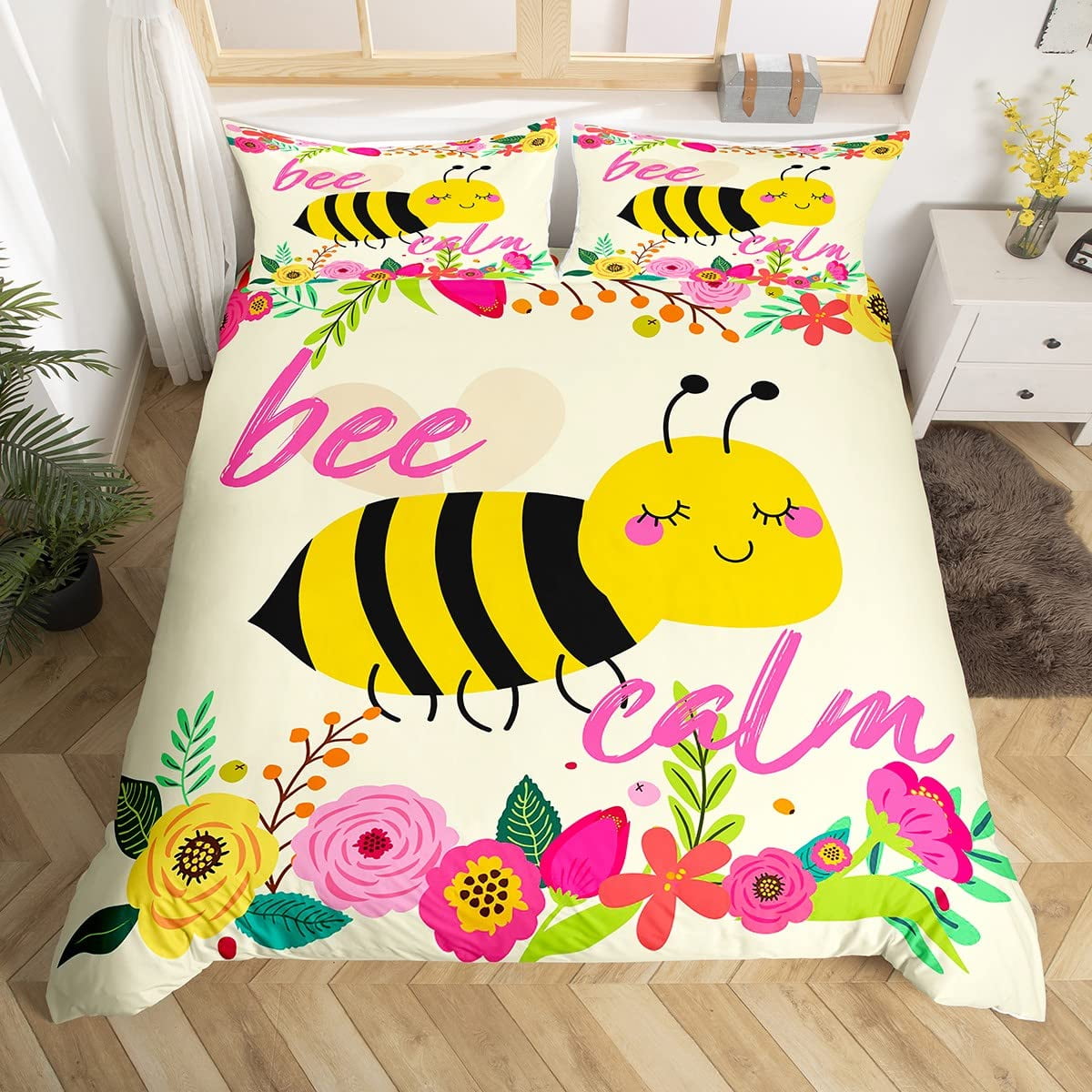 Cartoon Cute Bees Pattern Duvet Cover with Pillowcase King Full Size ...