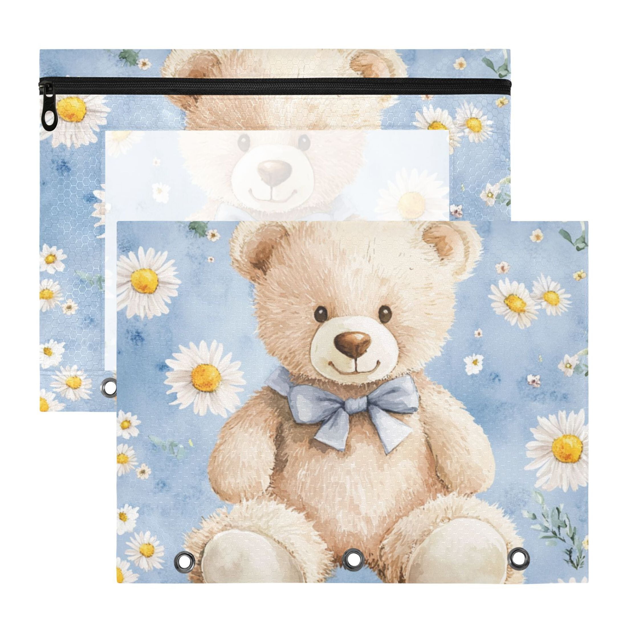 Cartoon Cute Beige Bear White Daisies 3-Ring Binder Pouches A4 Size ...
