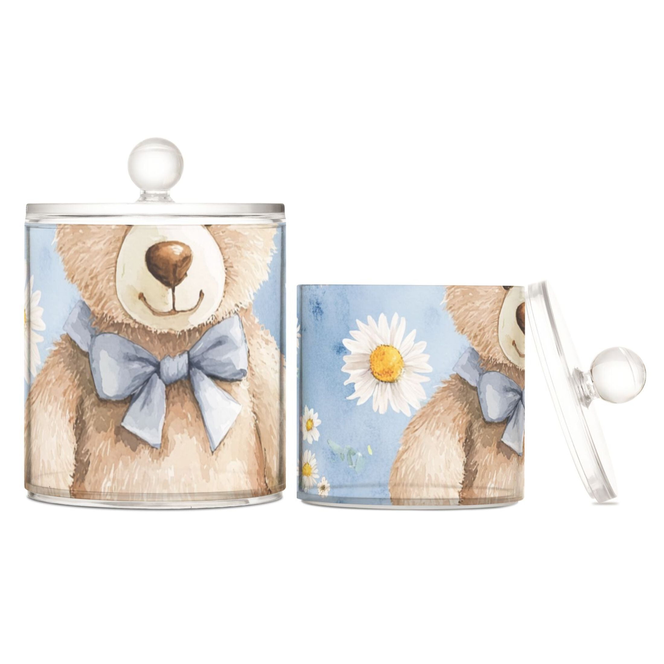 Cartoon Cute Beige Bear White Daisies Translucent Plastic Cans Storage ...