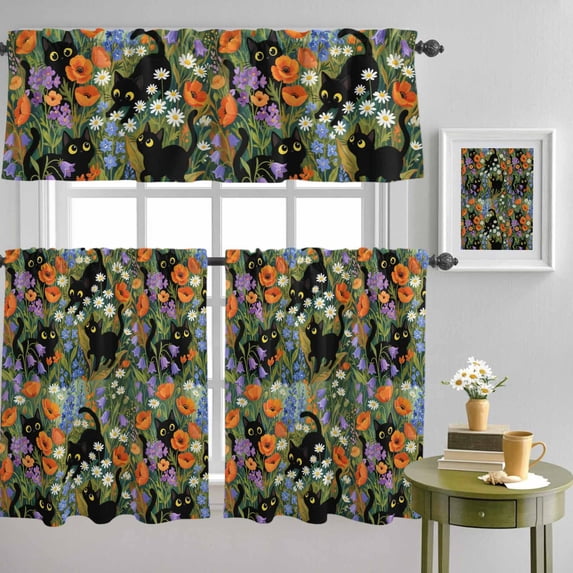 Cartoon Cute Black Cats Curtain Tier and Valance Set 3 Piece ...