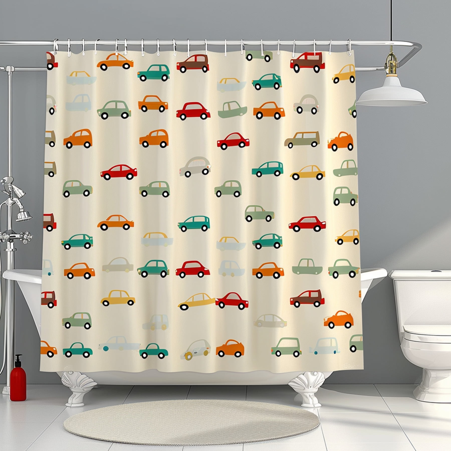 Cartoon Cute Cars Bathroom Curtain Cream Background Colorful Car ...