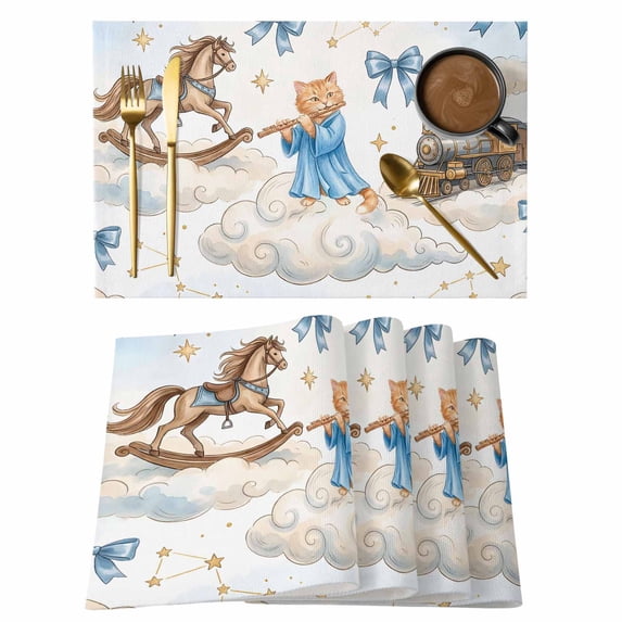 Cartoon Cute Cat Placemats Set of 8 Blue Bow Knot Train Cloud Star ...