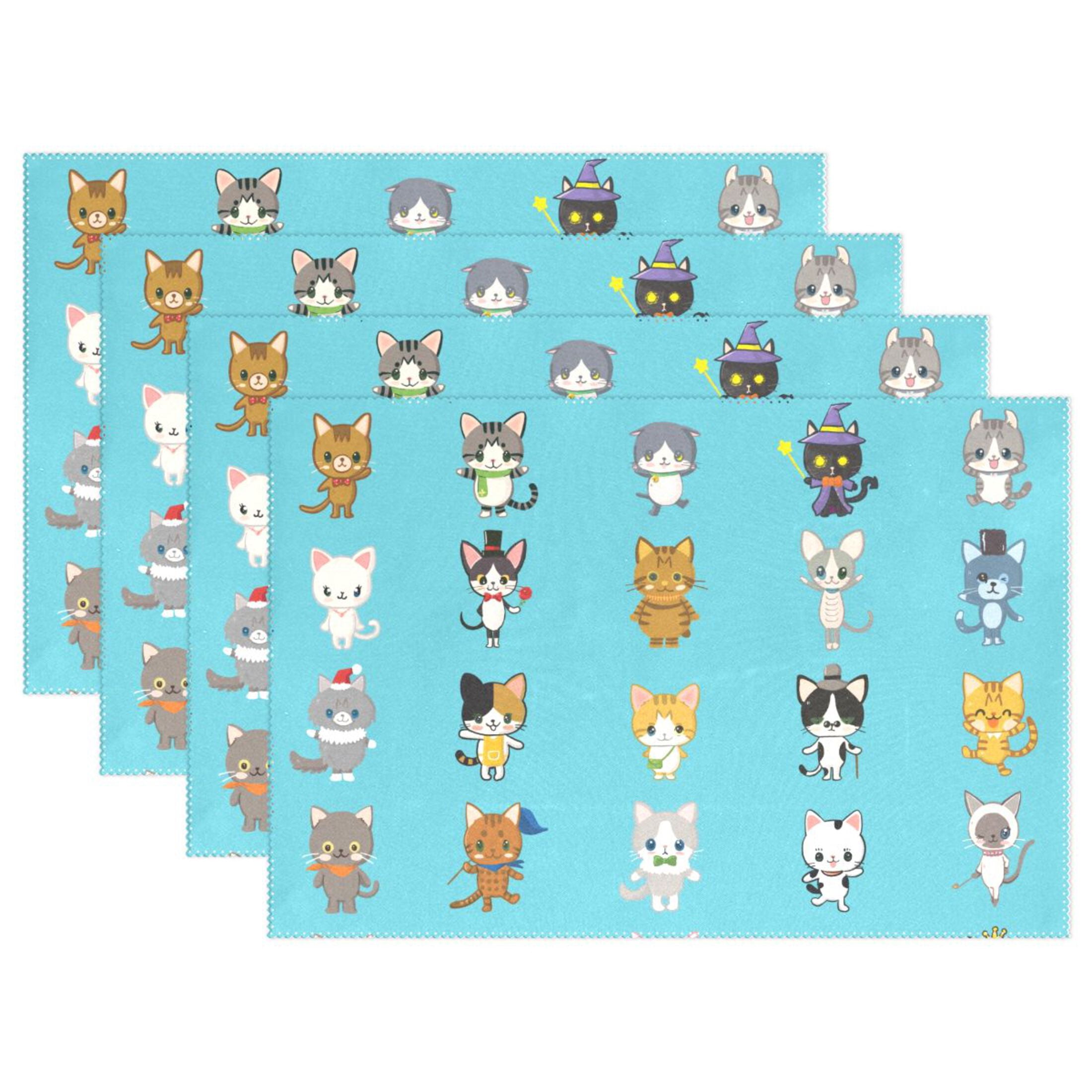 Cartoon Cute Cats 4 PCs Placemats Set Linen Non-Slip Table Mat ...