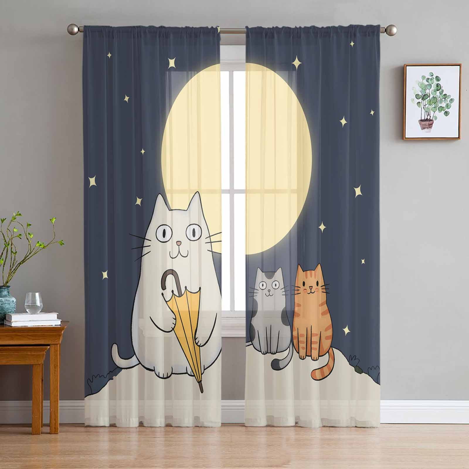 Cartoon Cute Cats Sheer Curtains 72 Inches Long 2 Panels Set, Window ...