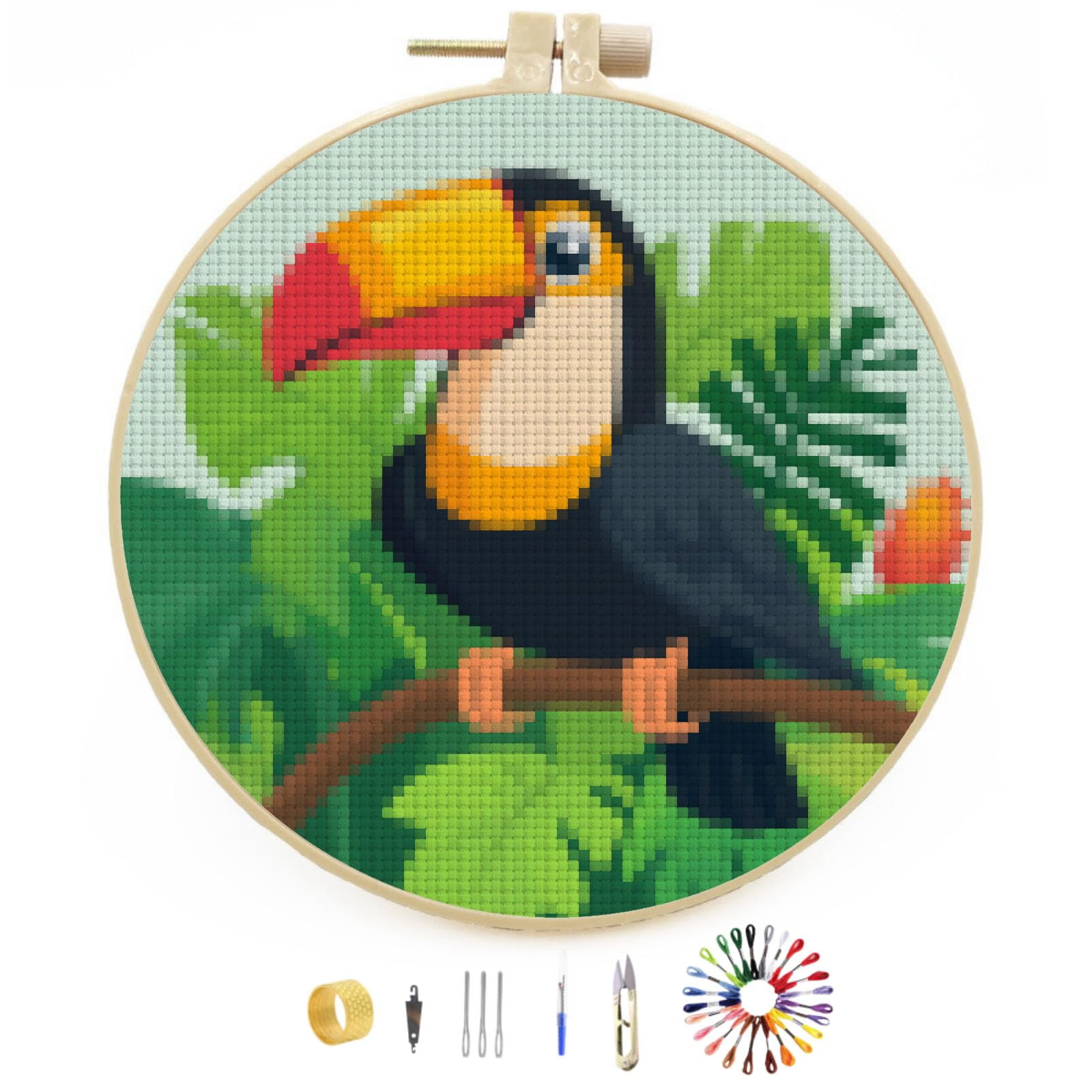 Cartoon Cute Colorful Toucan Bird Easy Stamped Cross Stitch Kits for Beginners with Hoop Simple ...