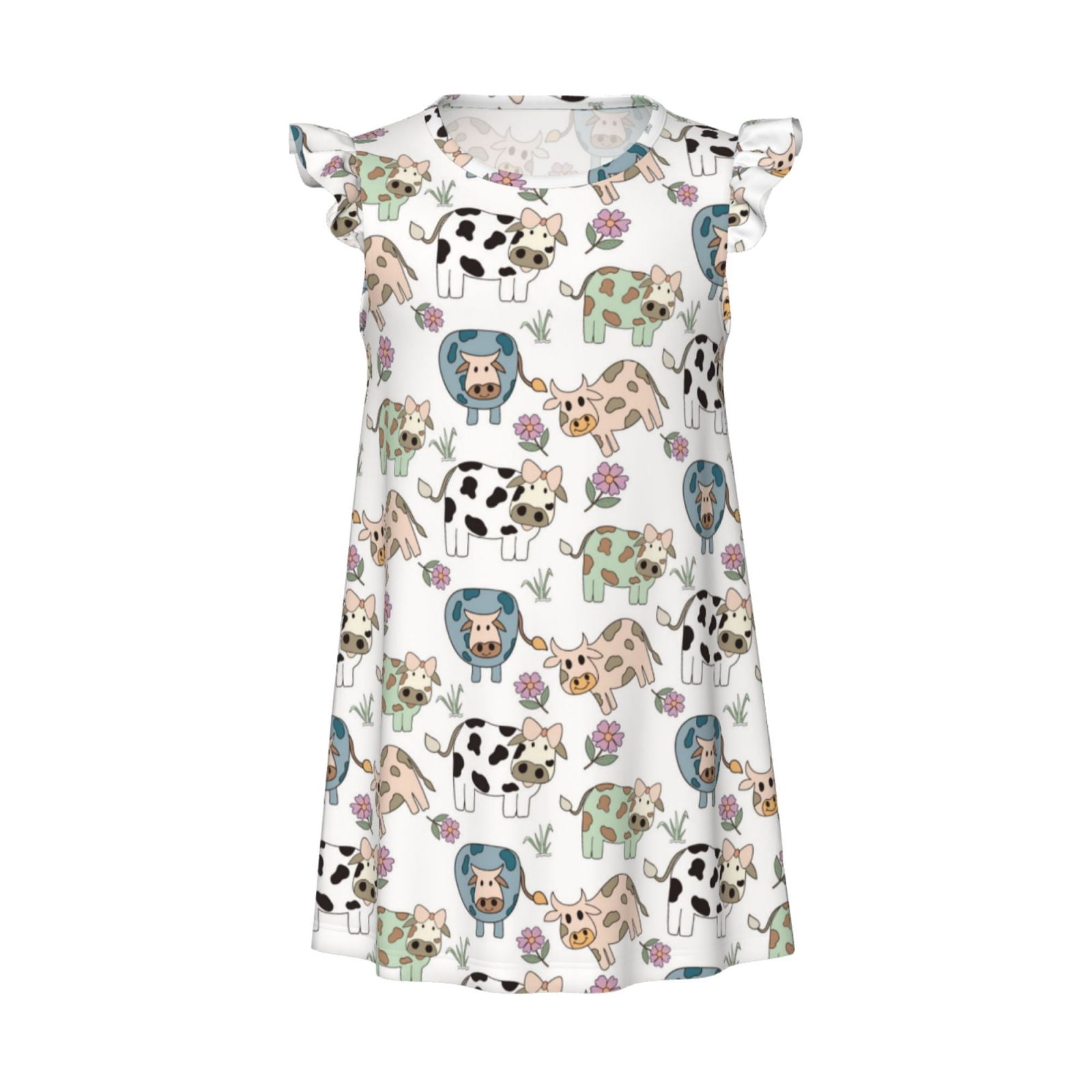 Cartoon Cute Cow Flower Funny Girls Nightgowns, Flutter Sleeve Pajamas ...