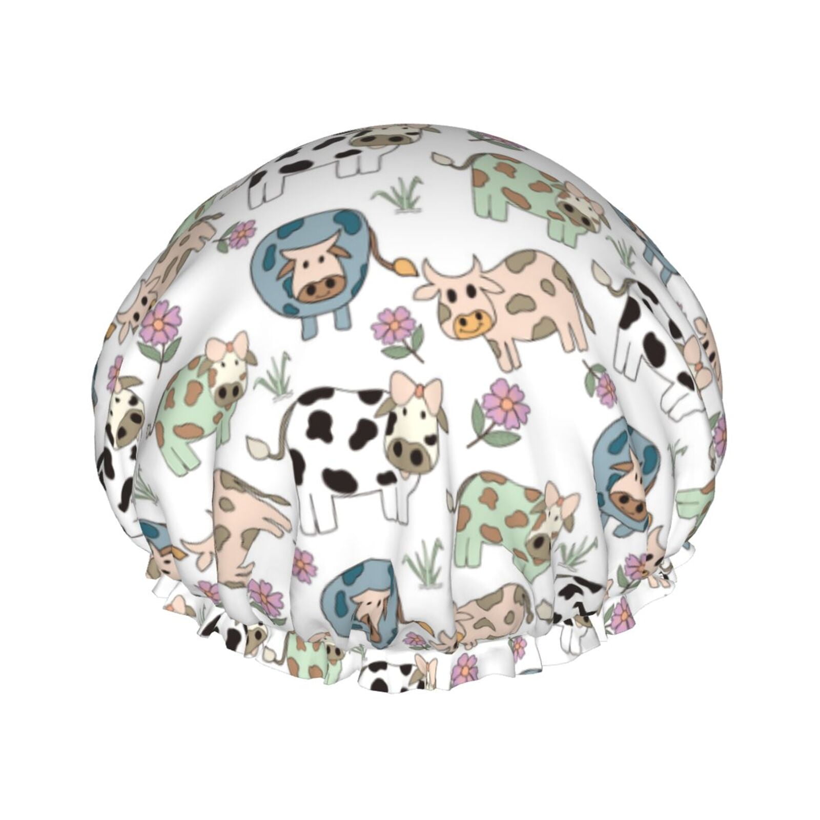 Cartoon Cute Cow Flower Funny Shower Cap, Reusable Bath Hair Hat for ...