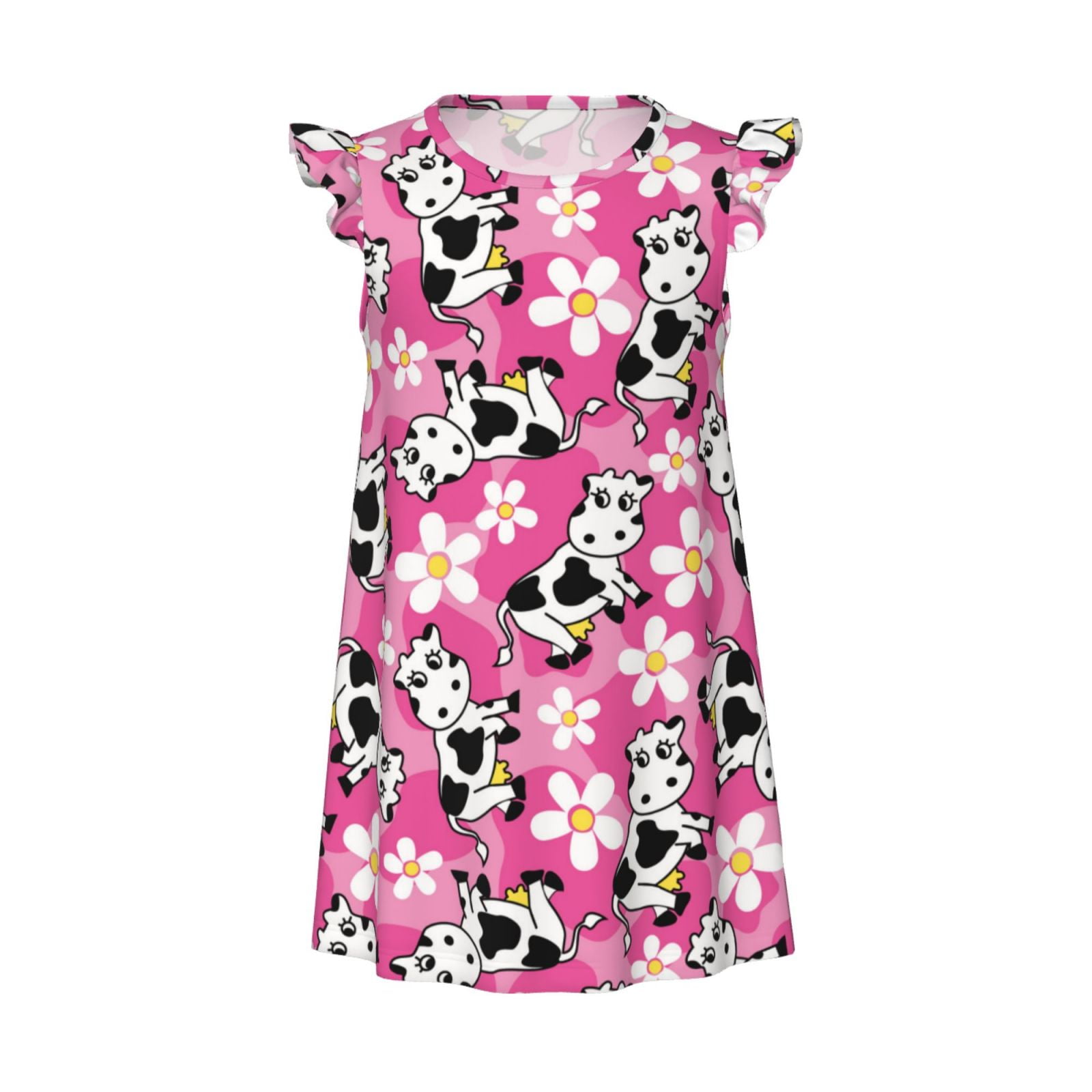 Cartoon Cute Cow Flower Pink Girls Nightgown, Flutter Short Sleeves ...