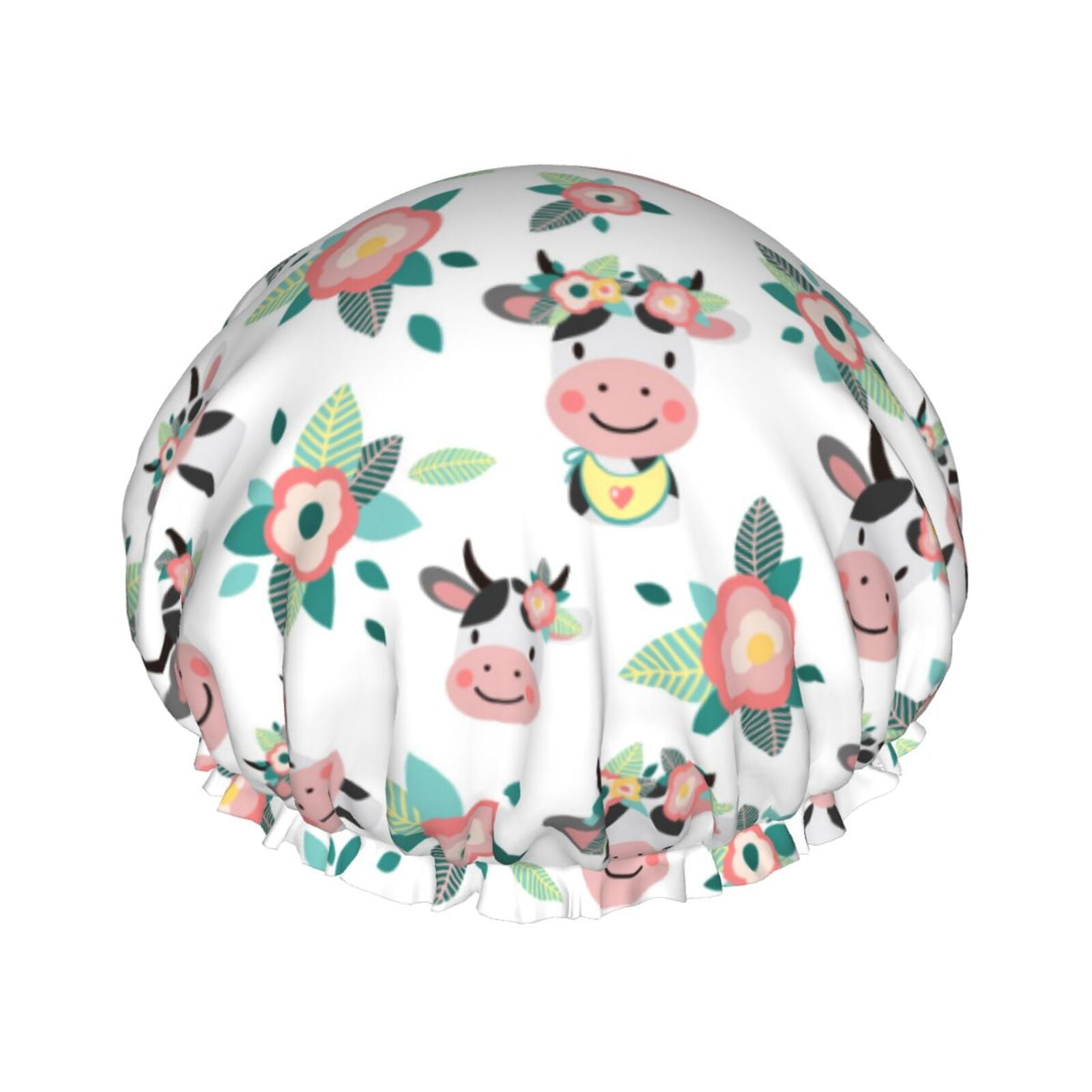 Cartoon Cute Cow Head Flowers Shower Cap for Women, Double Waterproof ...