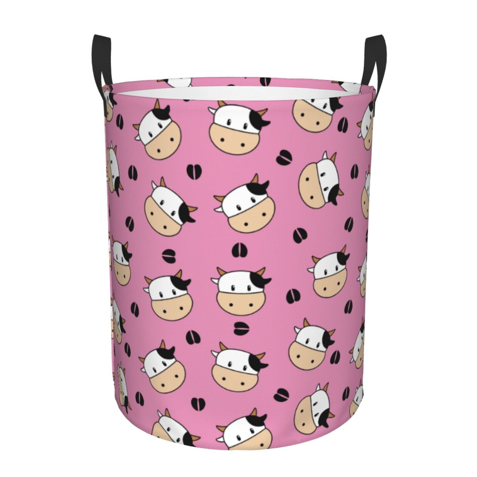 Cartoon Cute Cow Head Pink Round Laundry Basket, Laundry Hamper with ...