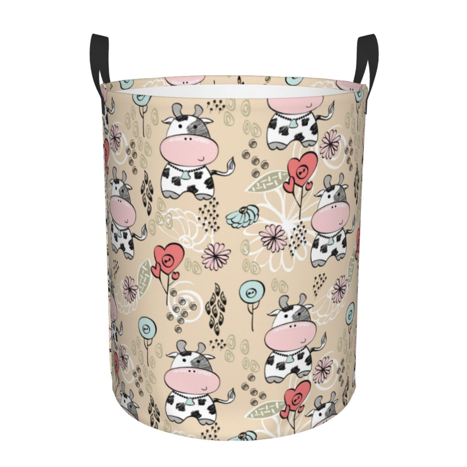 Cartoon Cute Cow Love Round Laundry Basket, Laundry Hamper with Handle ...