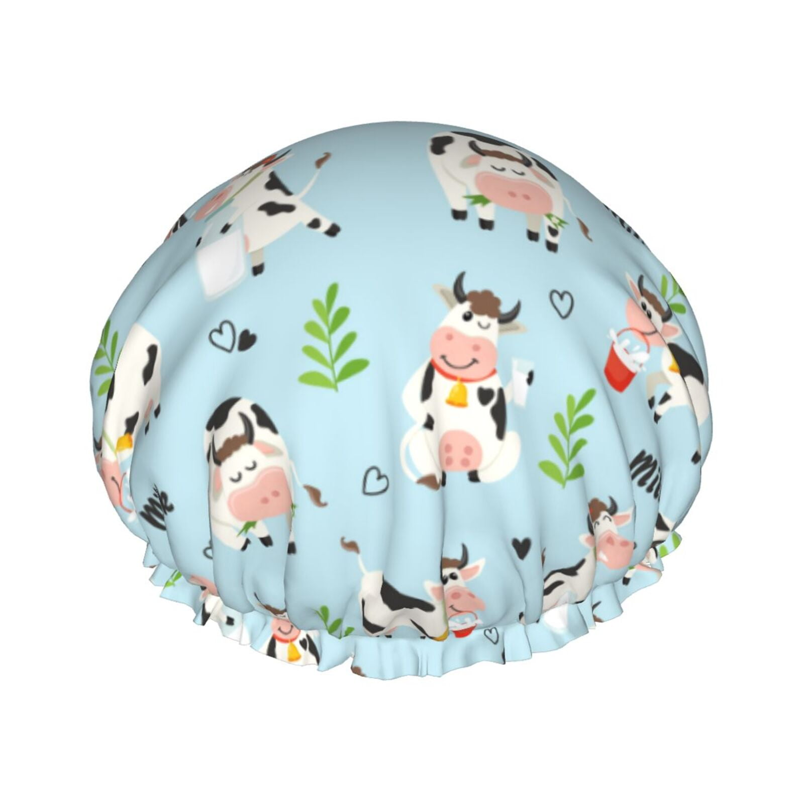 Cartoon Cute Cow Milk Leaf Shower Cap for Women, Double Waterproof ...