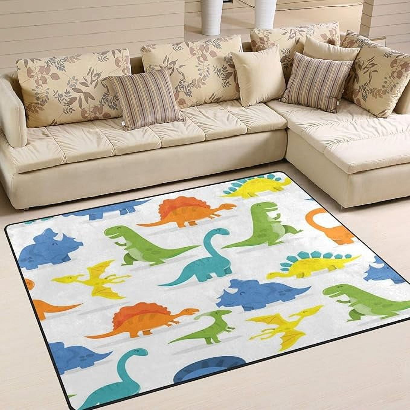 Cartoon Cute Dinosaur Kids Rugs, Blue Green Orange Animal Print Bedroom ...