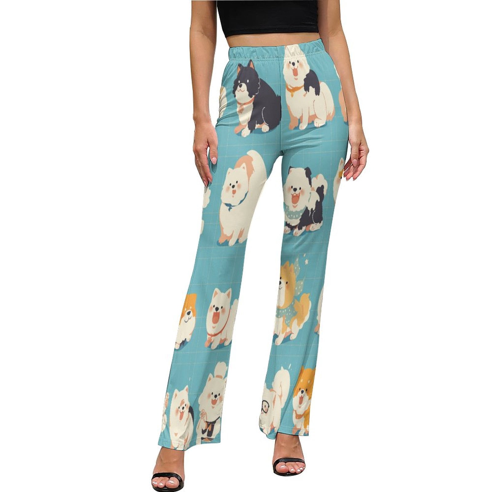 Cartoon Cute Dog High Waisted Casual Flared Trousers Summer Home Pants ...